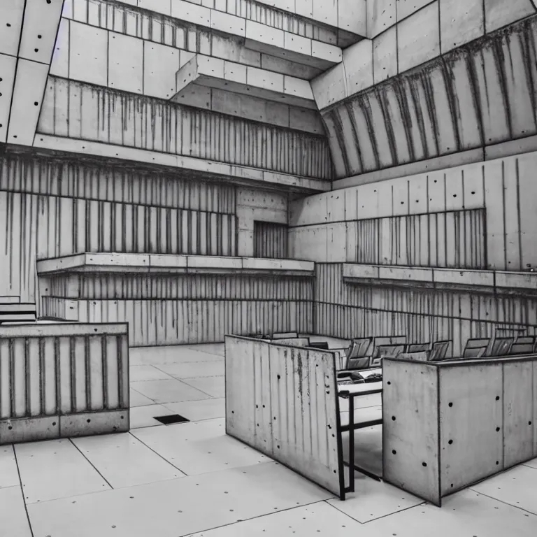 all concrete, high ceiling, brutalist courtroom | OpenArt