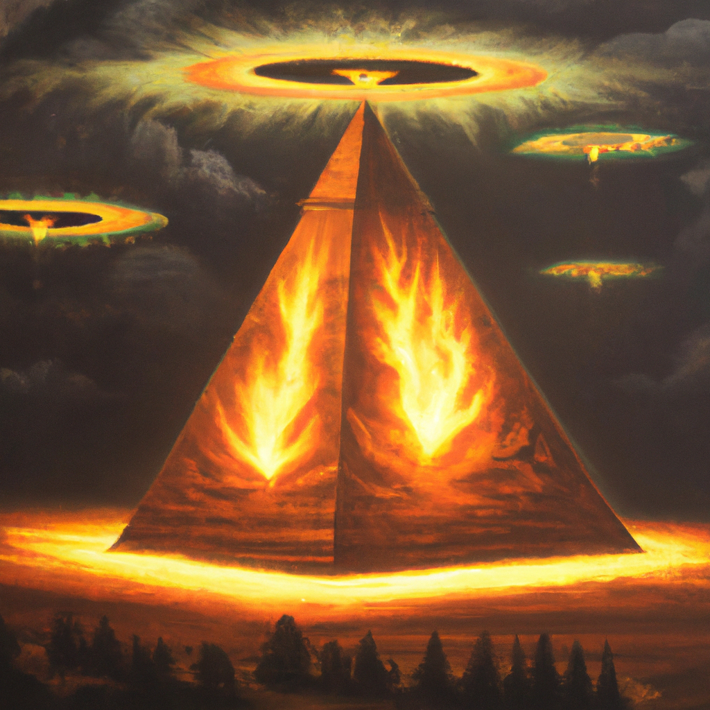 1800s painting of an pyramid on fire surrounded by ufos | OpenArt