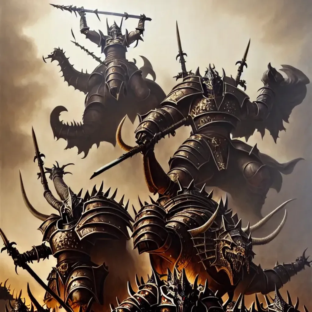 Powerful tall heavy armored demons marching forward... | OpenArt