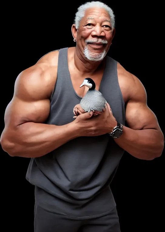 Morgan Freeman holding a goose, yolked, muscle, flex... | OpenArt