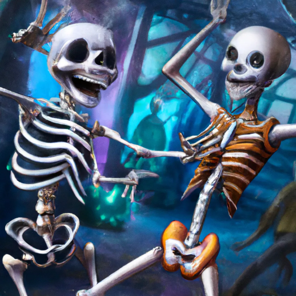 Skeleton is dancing with a scary laughing ghost at a... | OpenArt