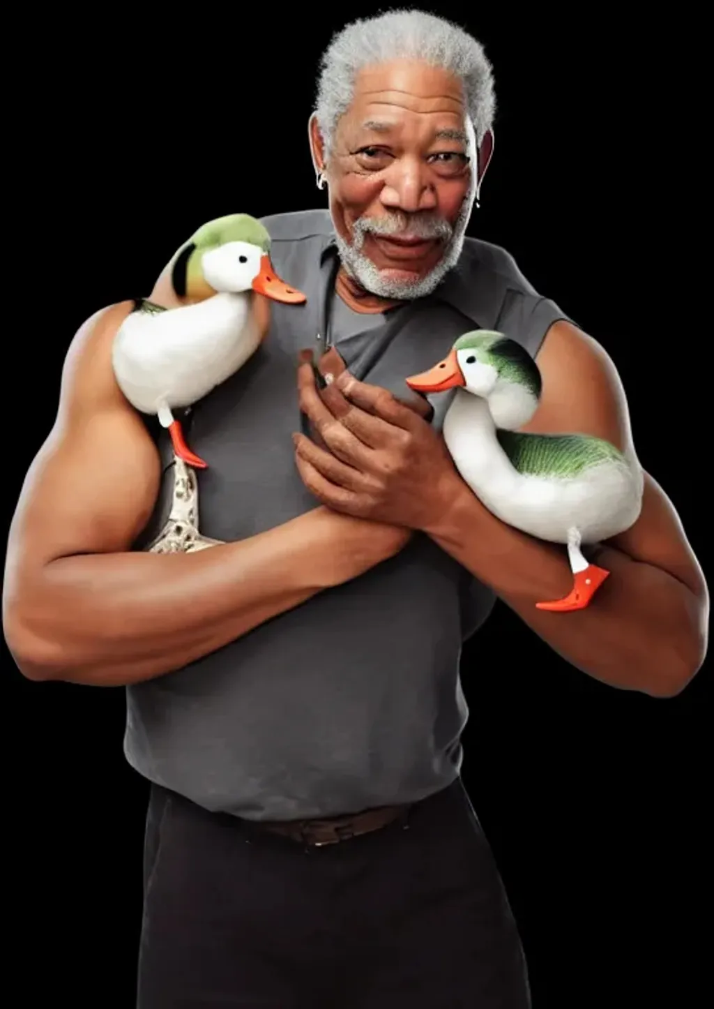 Morgan Freeman holding multiple ducks, yolked, muscl... | OpenArt