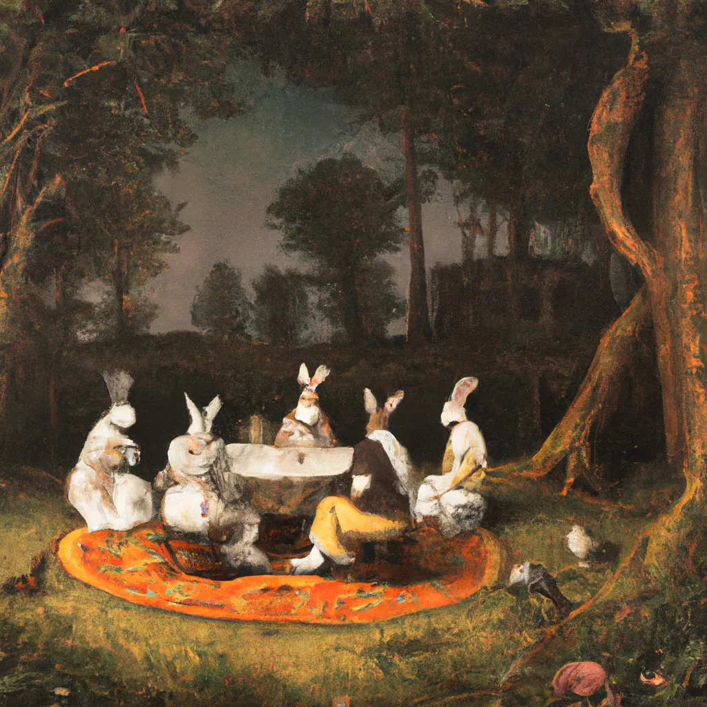 1800s painting of rabbits ,sitting around a round ta... | OpenArt