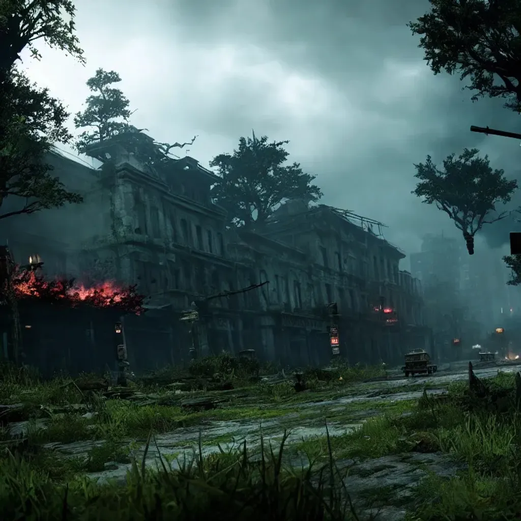 an overgrown and ruined city full of zombies, cinema... | OpenArt