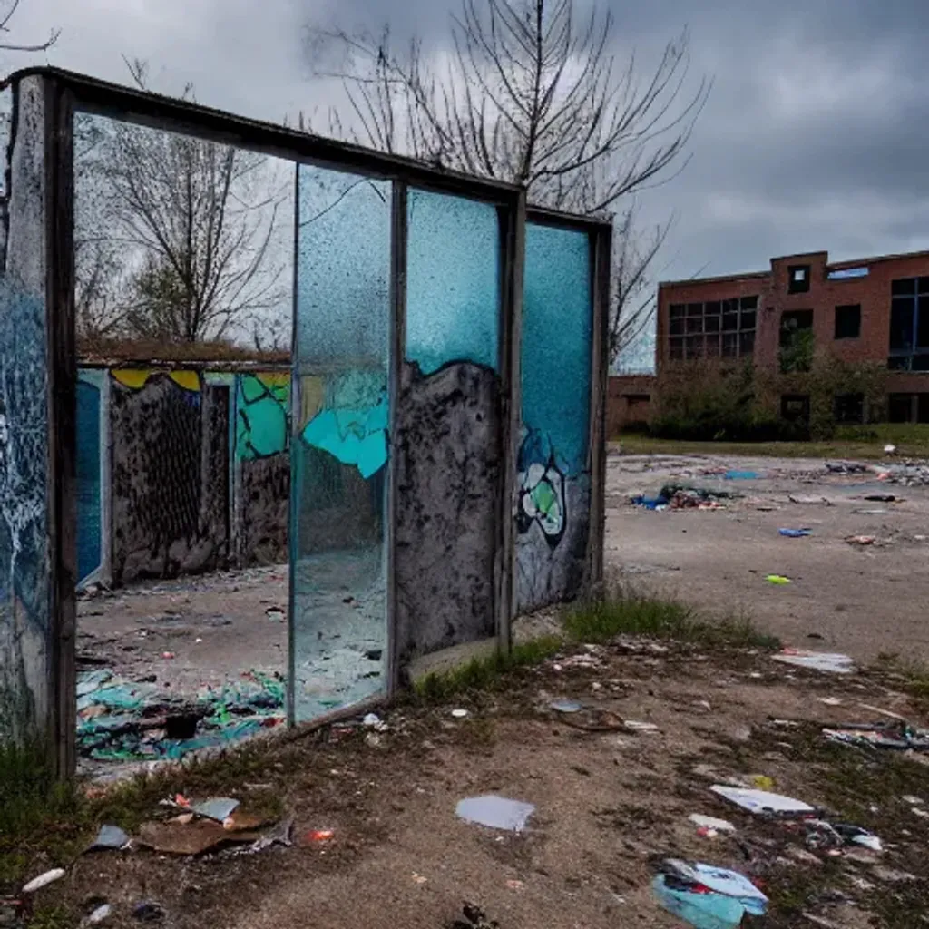 abandoned playground, broken glass, graffiti on wall... | OpenArt