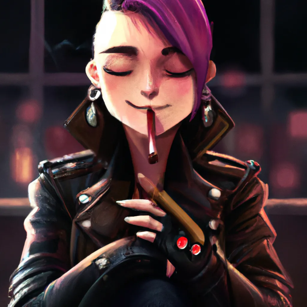 Jinx from league of legends wearing a leather jacket... | OpenArt