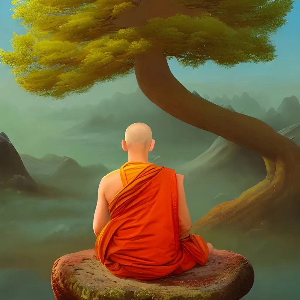Oil painting of a buddhist monk meditating under the...