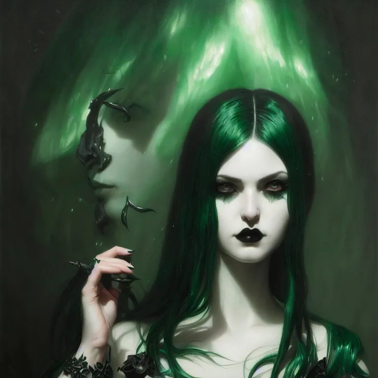 Portrait of a goth girl with dark green hair and wit... | OpenArt