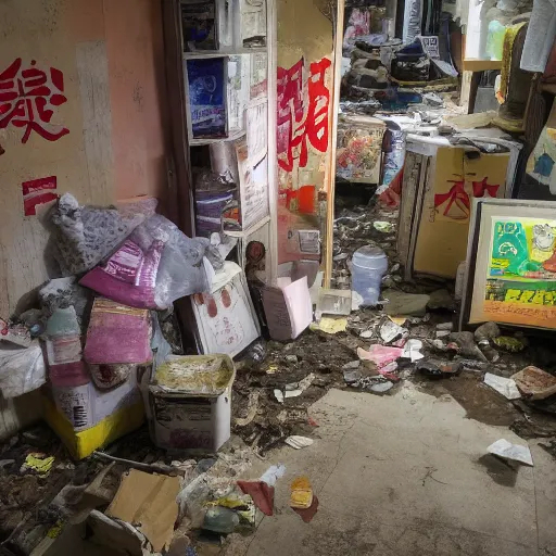 abandoned store in taiwan, garbage on floor, with po... | OpenArt