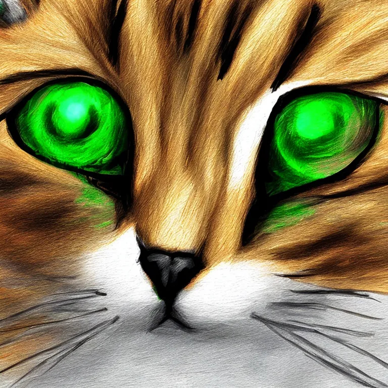 a drawing of a cat with green eyes, a digital painti... | OpenArt
