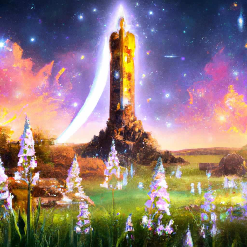 a wizard tower in a meadow filled with ruins by Just... | OpenArt