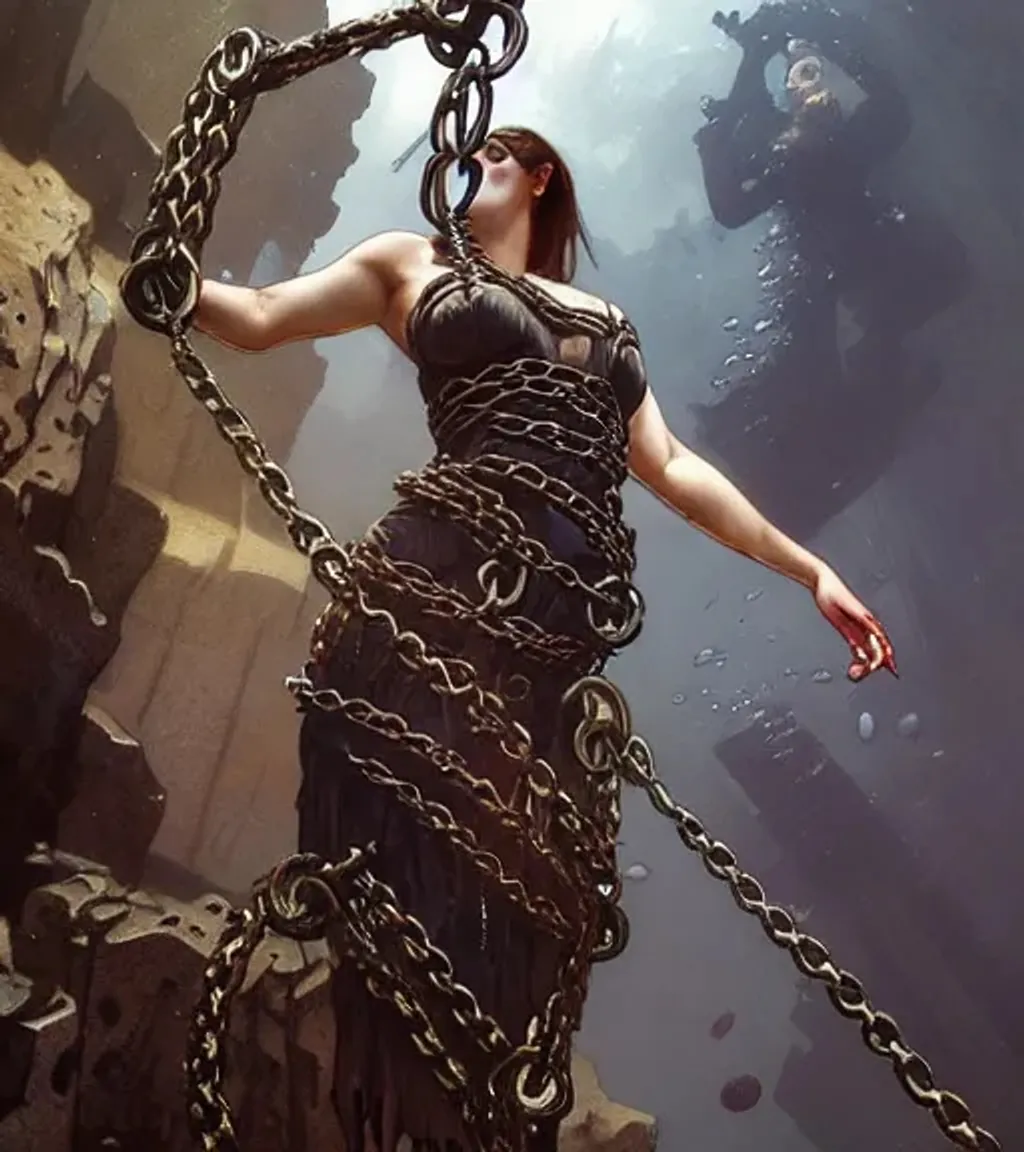 diving in a dress made out of rusted chains, bound b... | OpenArt
