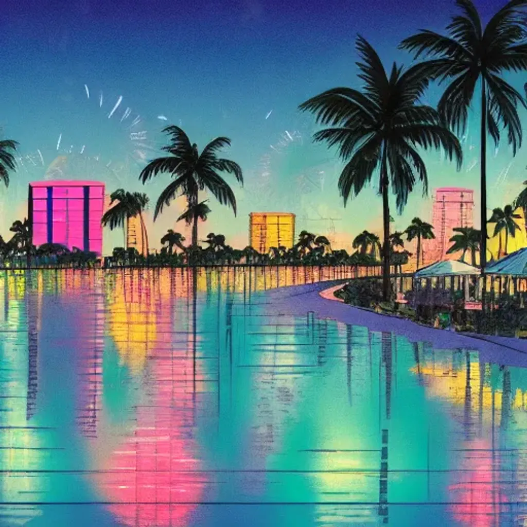 Outrun view of Miami Beach, glowing lights, palm tre... | OpenArt