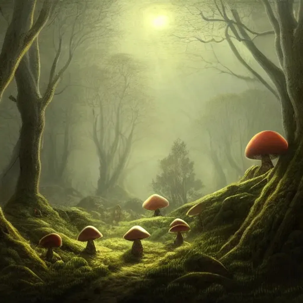 A tiny mushroom people village in a dark forest by C...