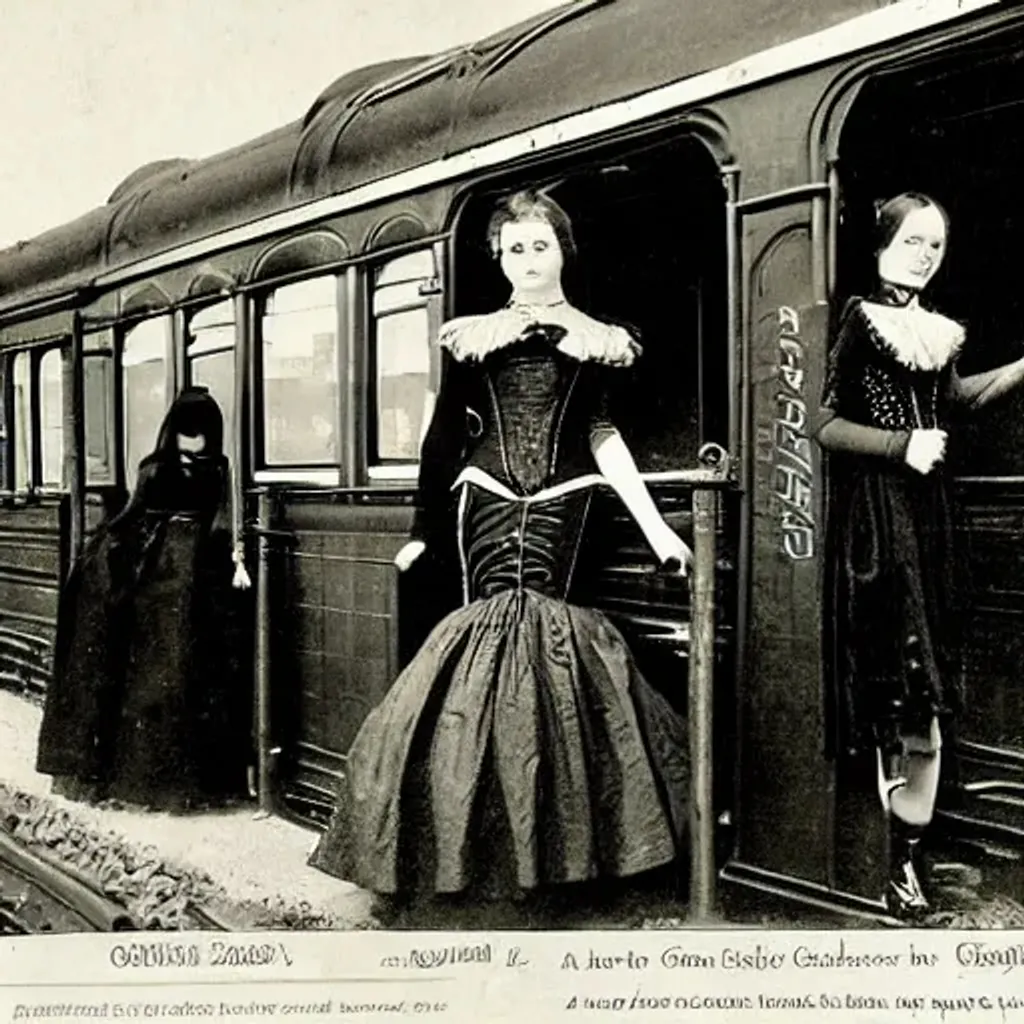A gothic train, with victorian dressed females.