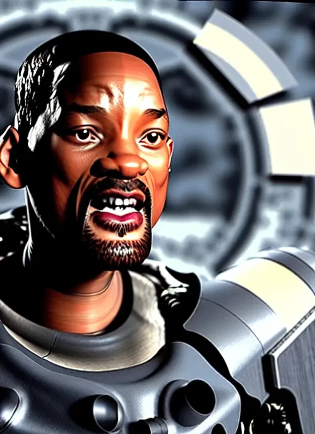 Movie screenshot of Will Smith as a cyborg, 2010s | OpenArt