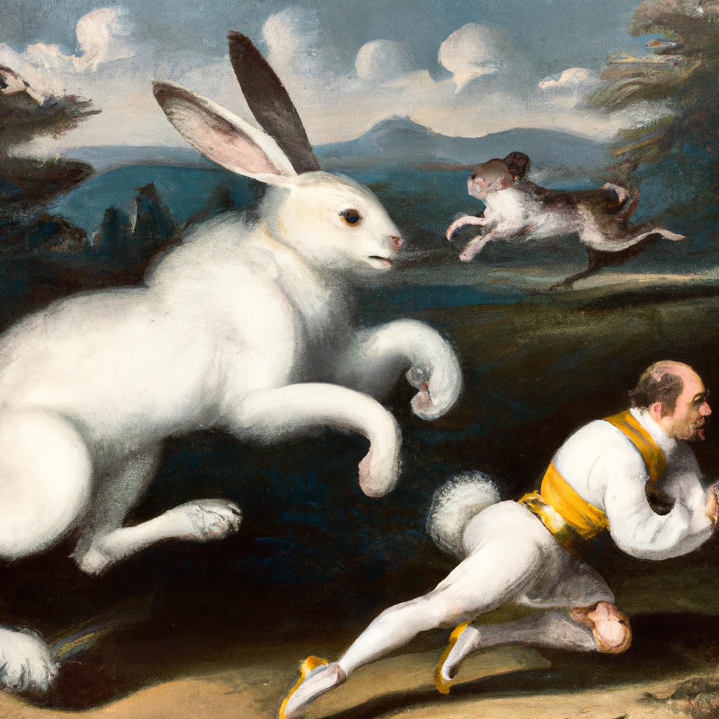 1800s painting of a huge rabbit chasing a small man | OpenArt
