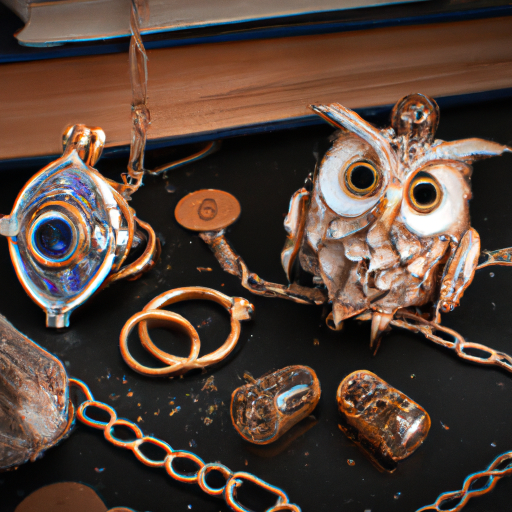 owl-inspired jewelry, gold, crystals, steampunk, sti... | OpenArt