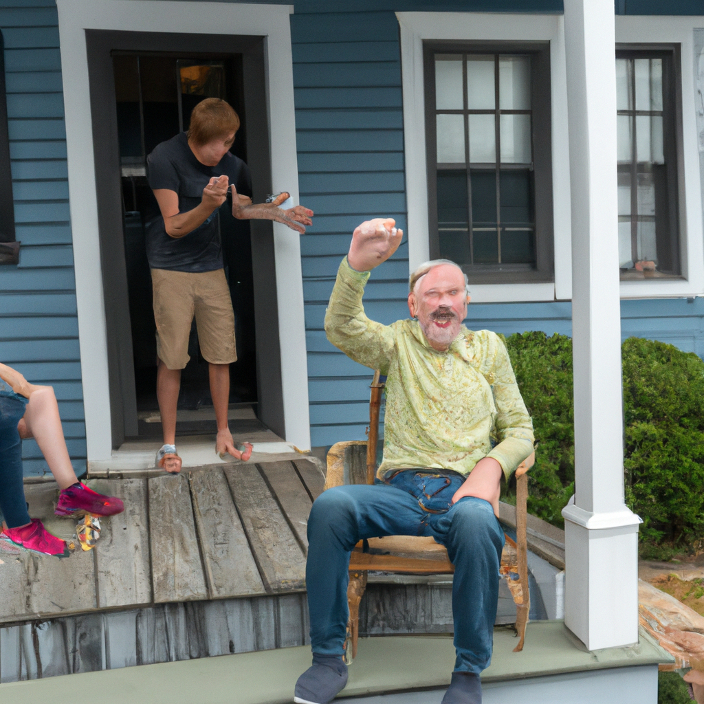 A wrinkled 70 year old angry man sitting on his porc...