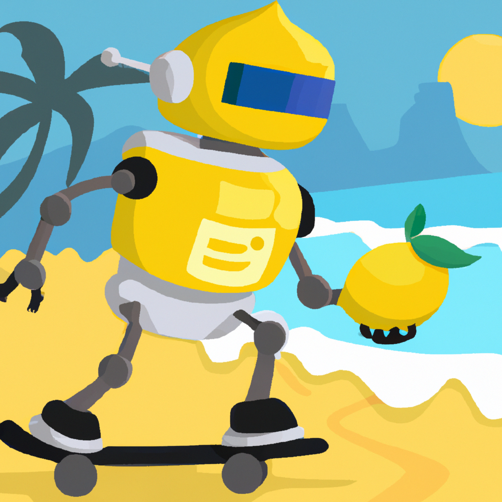 Daft Punk Lemon Robot surfing through a beachside city