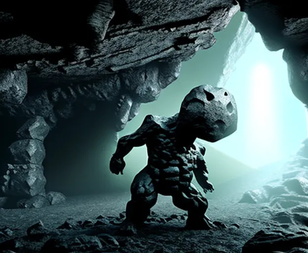 An angry stone golem throwing a boulder through a da... | OpenArt
