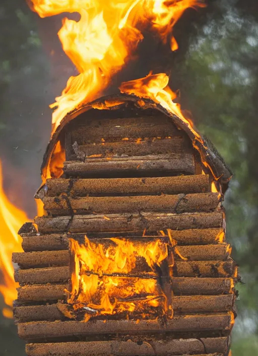 Photograph of a beehive on fire | OpenArt