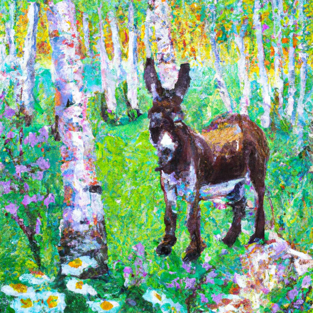 cute donkey in a field of flowers, birch trees, beau... | OpenArt