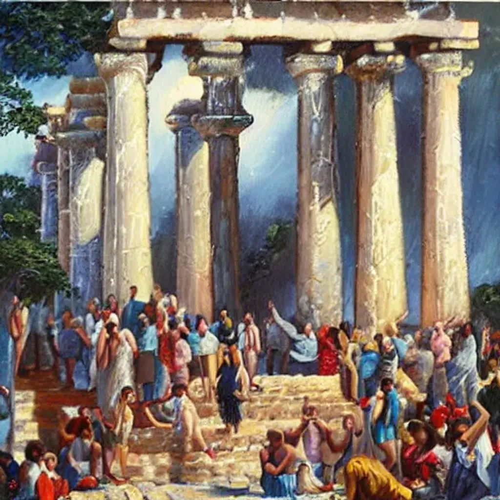 A crowd overrun by joy climbs the steps of a Greek T... | OpenArt