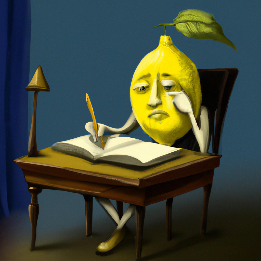 A depressed lemon writing a book, painting by Edward... | OpenArt