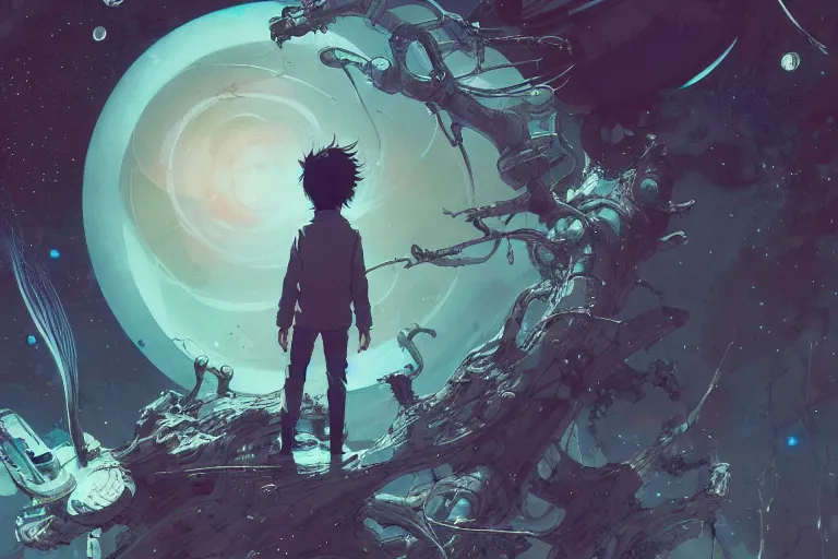 professional concept art of boy with strange aliens,...