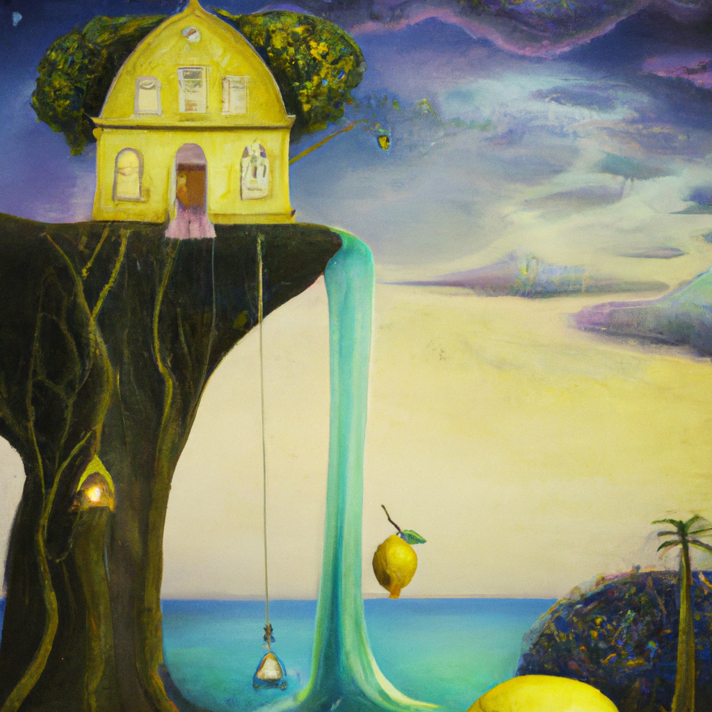 An expressive surrealism oil painting of a lemon hou... | OpenArt