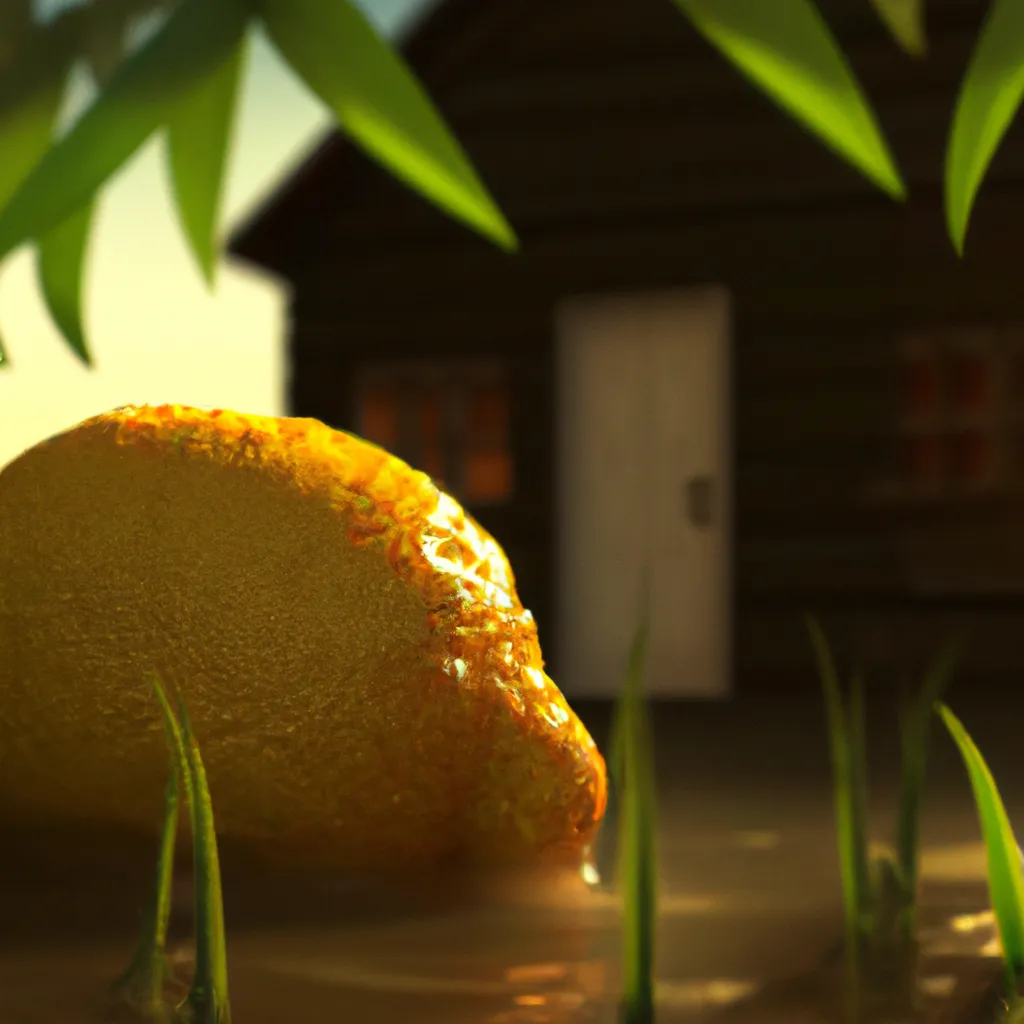 A sweating lemon walking infront of a wooden house ,... | OpenArt