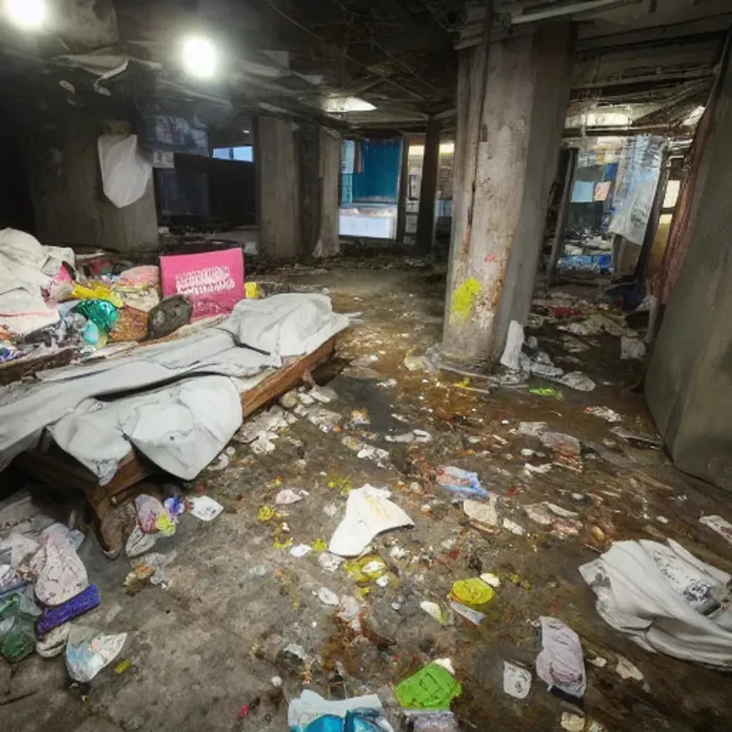 abandoned store in taiwan, garbage and bed on floor,... | OpenArt