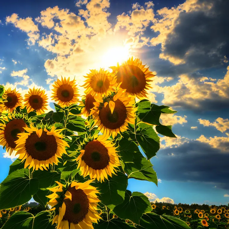 beautiful heart shaped tree, 10 sunflowers, sun rays...