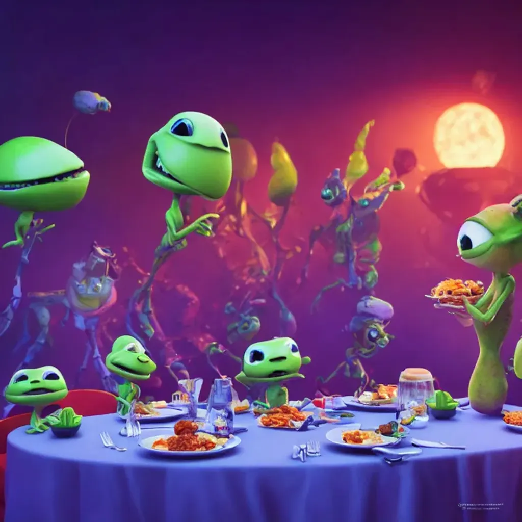 cute Pixar render aliens having dinner, hyper detail... | OpenArt