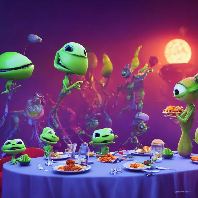 cute Pixar render aliens having dinner, hyper detail... | OpenArt