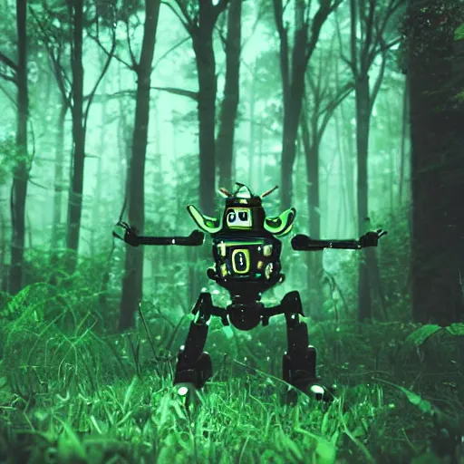 sci-fi violent robot bee in bright dark green forest... | OpenArt