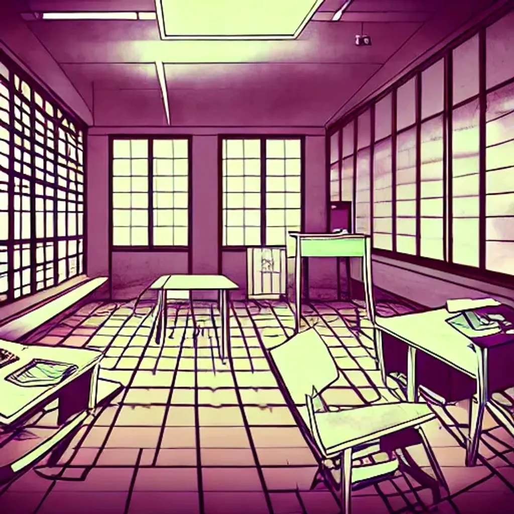 abandoned japanese school room, writing on wall, gar... | OpenArt