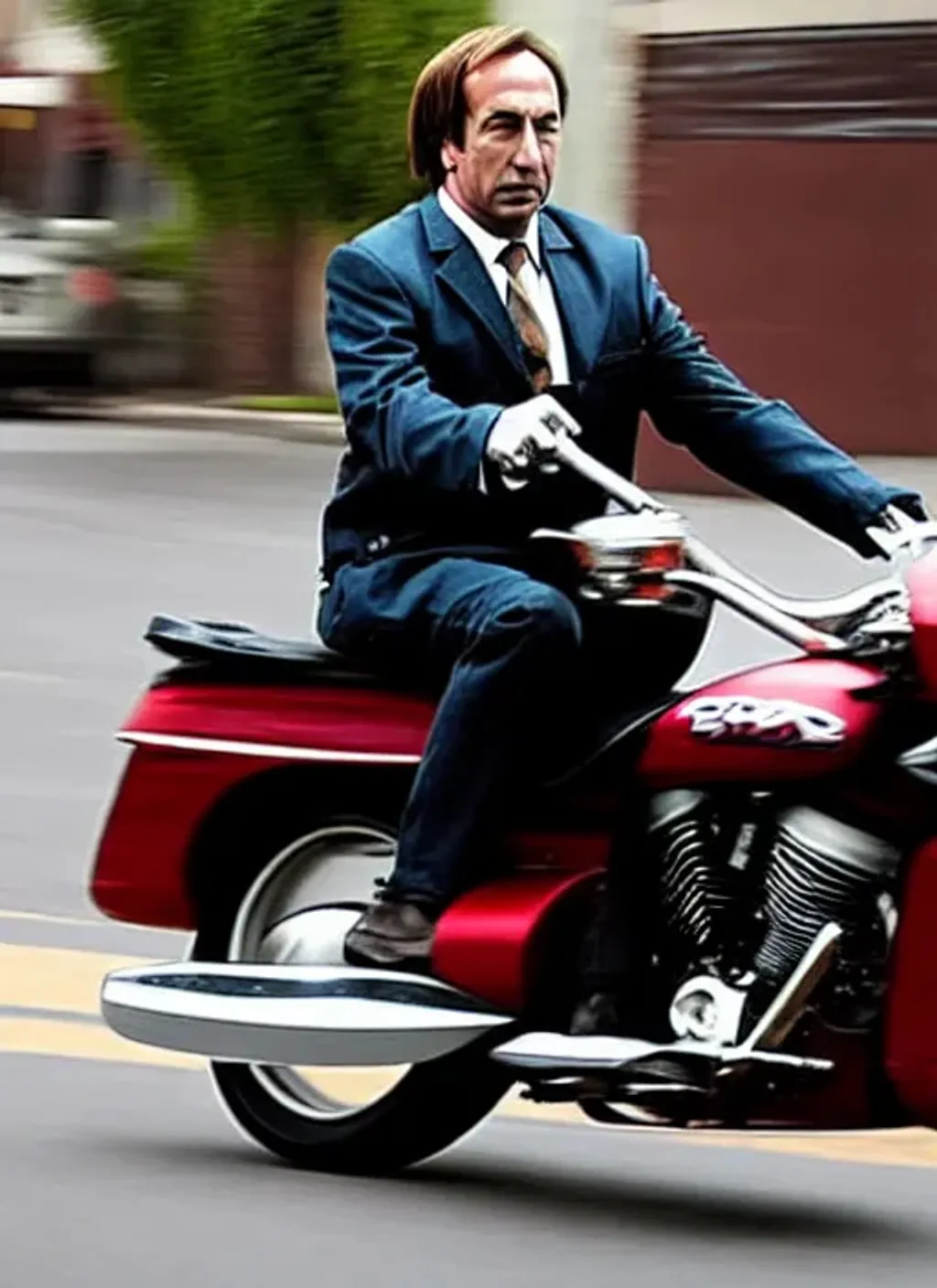 Photograph of Saul Goodman riding a motorcycle on th... | OpenArt
