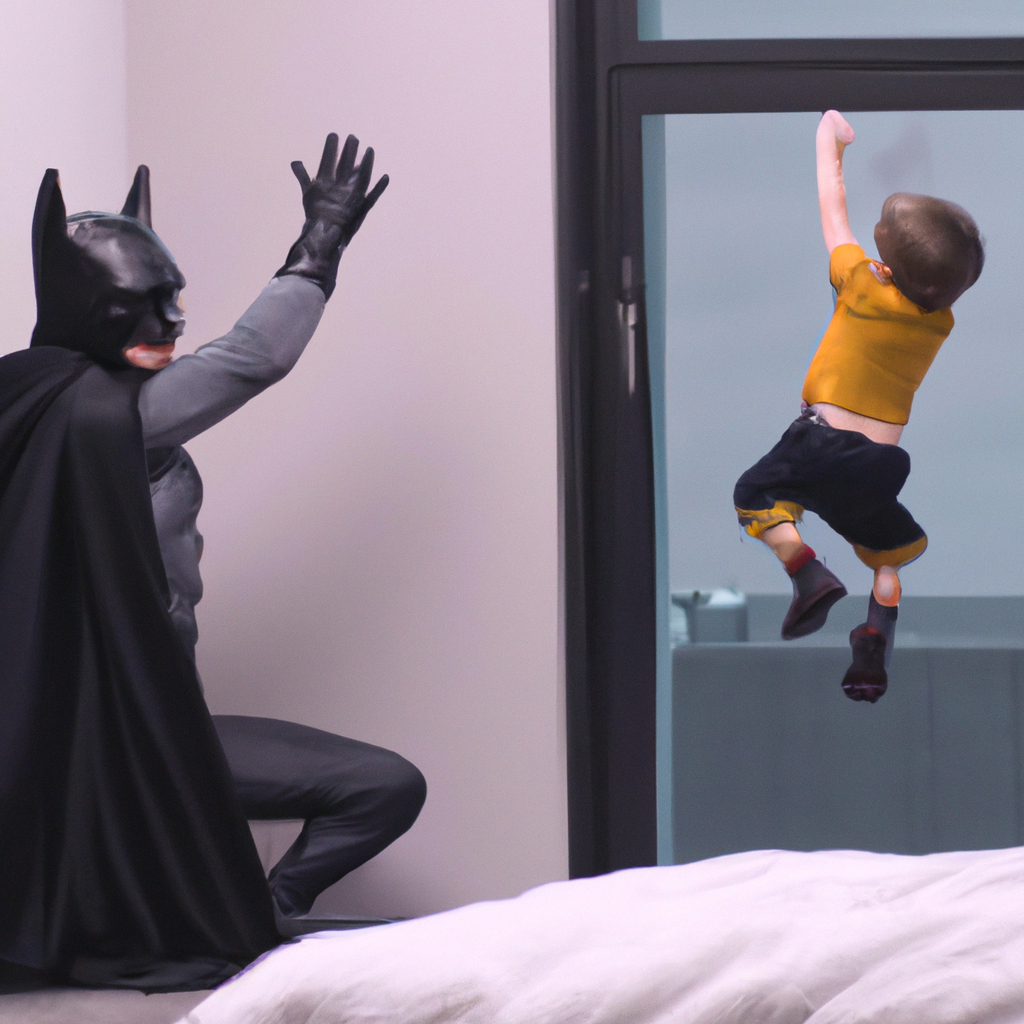 A photograph of Batman throwing a child across the r... | OpenArt