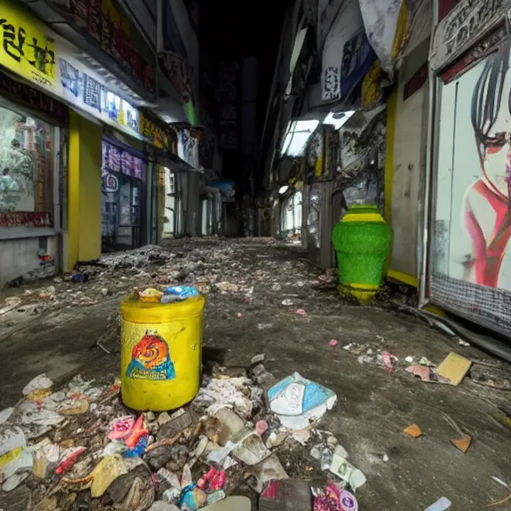 abandoned store in taiwan, garbage on floor, with po... | OpenArt