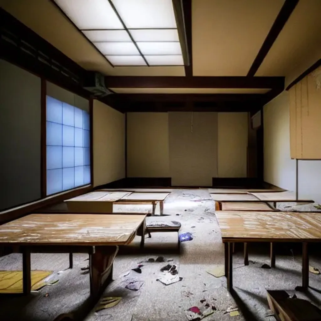 inside abandoned japanese home, garbage on ground, c... | OpenArt