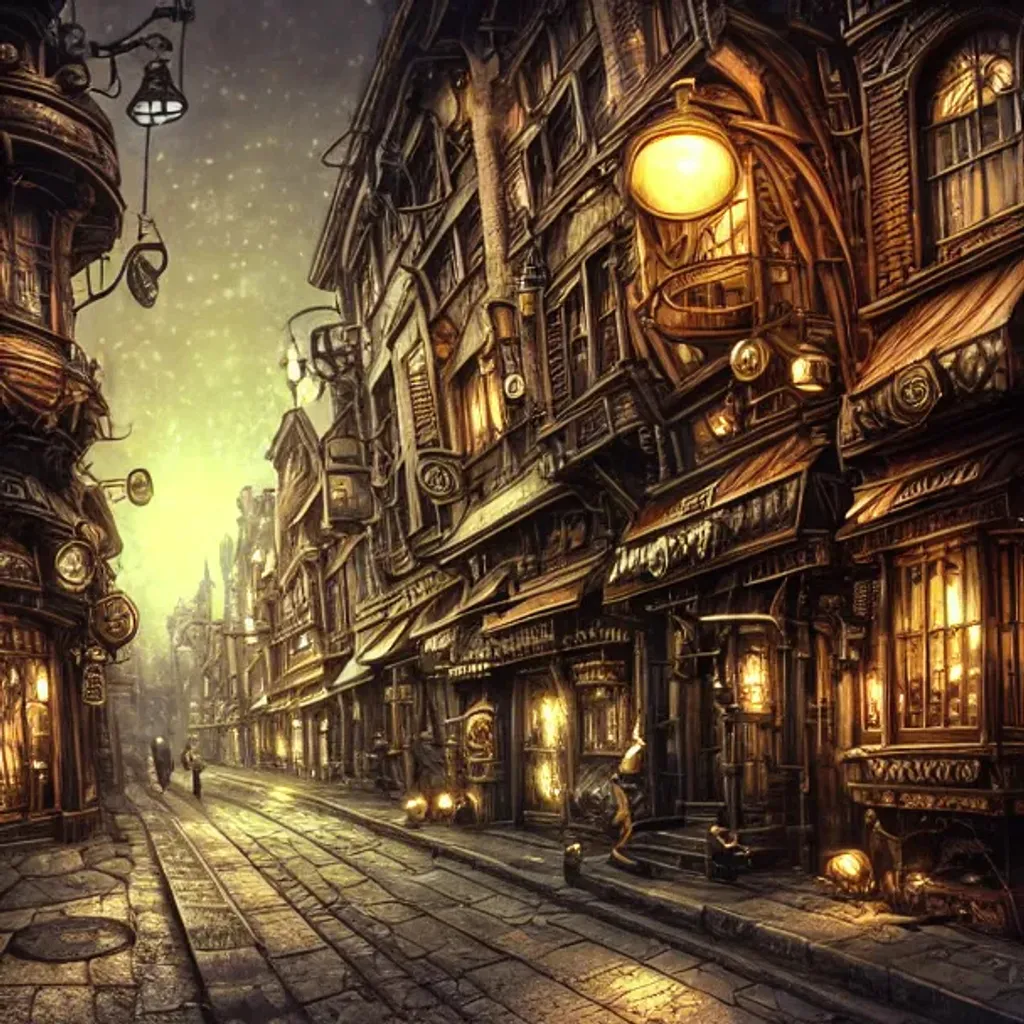 town, beautiful street, Wood, metal, steampunk, cloc... | OpenArt