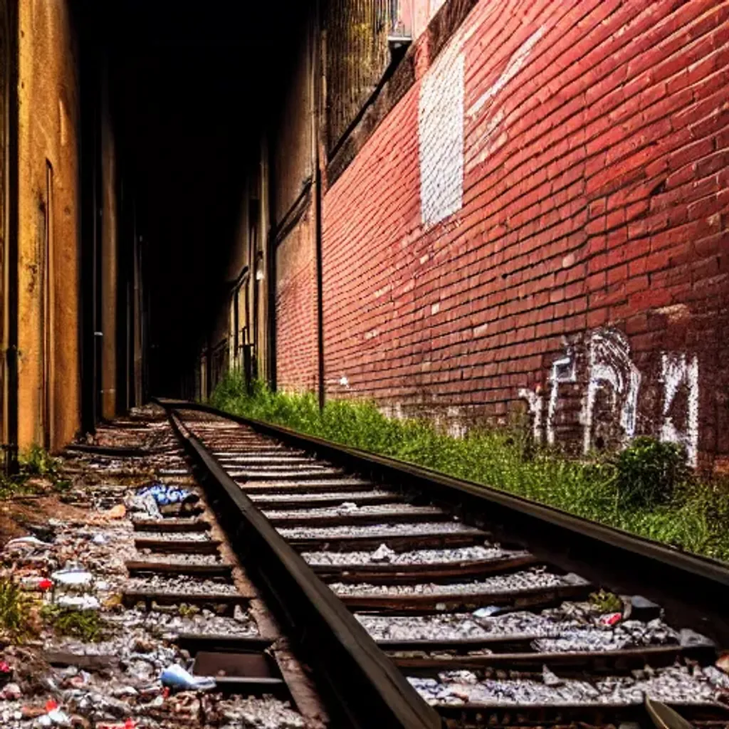 abandoned railway in city alley, concrete ground wit... | OpenArt