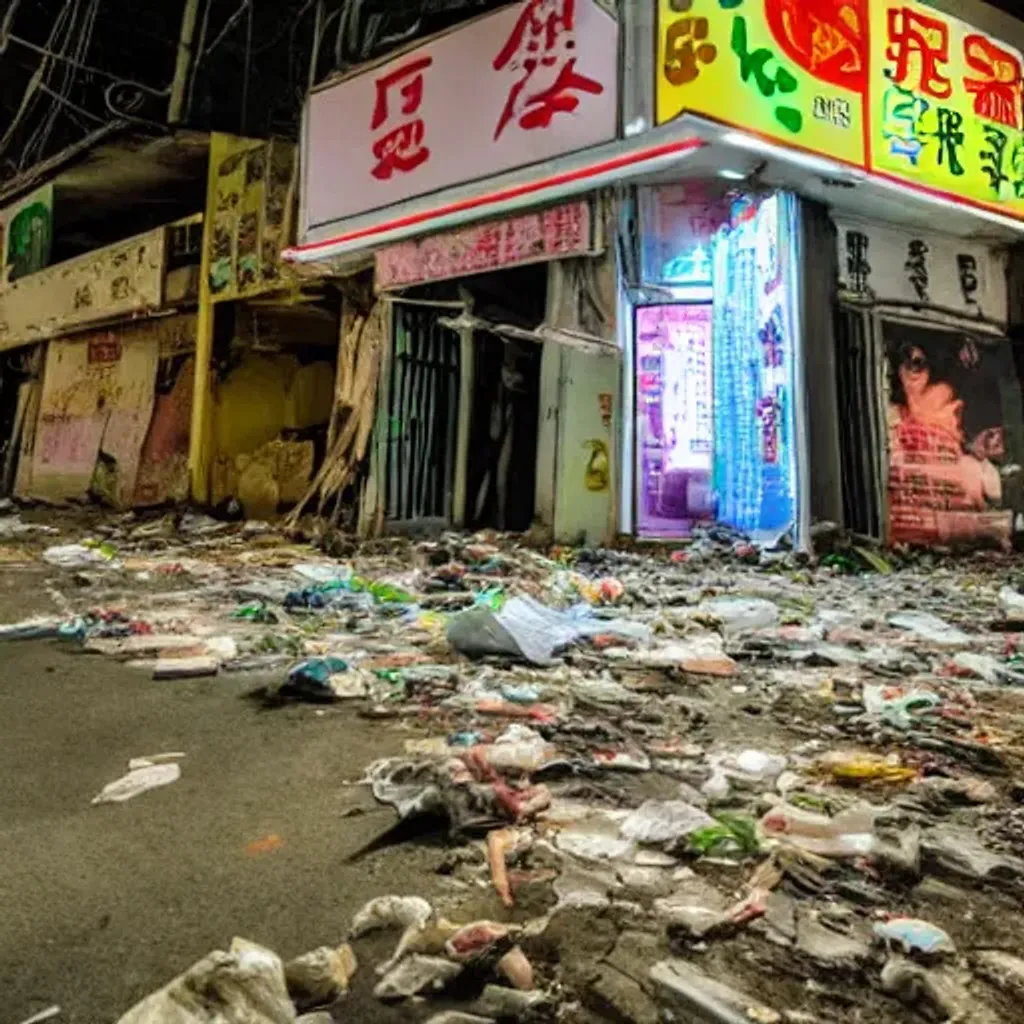 abandoned store in taiwan, garbage on floor, with po... | OpenArt