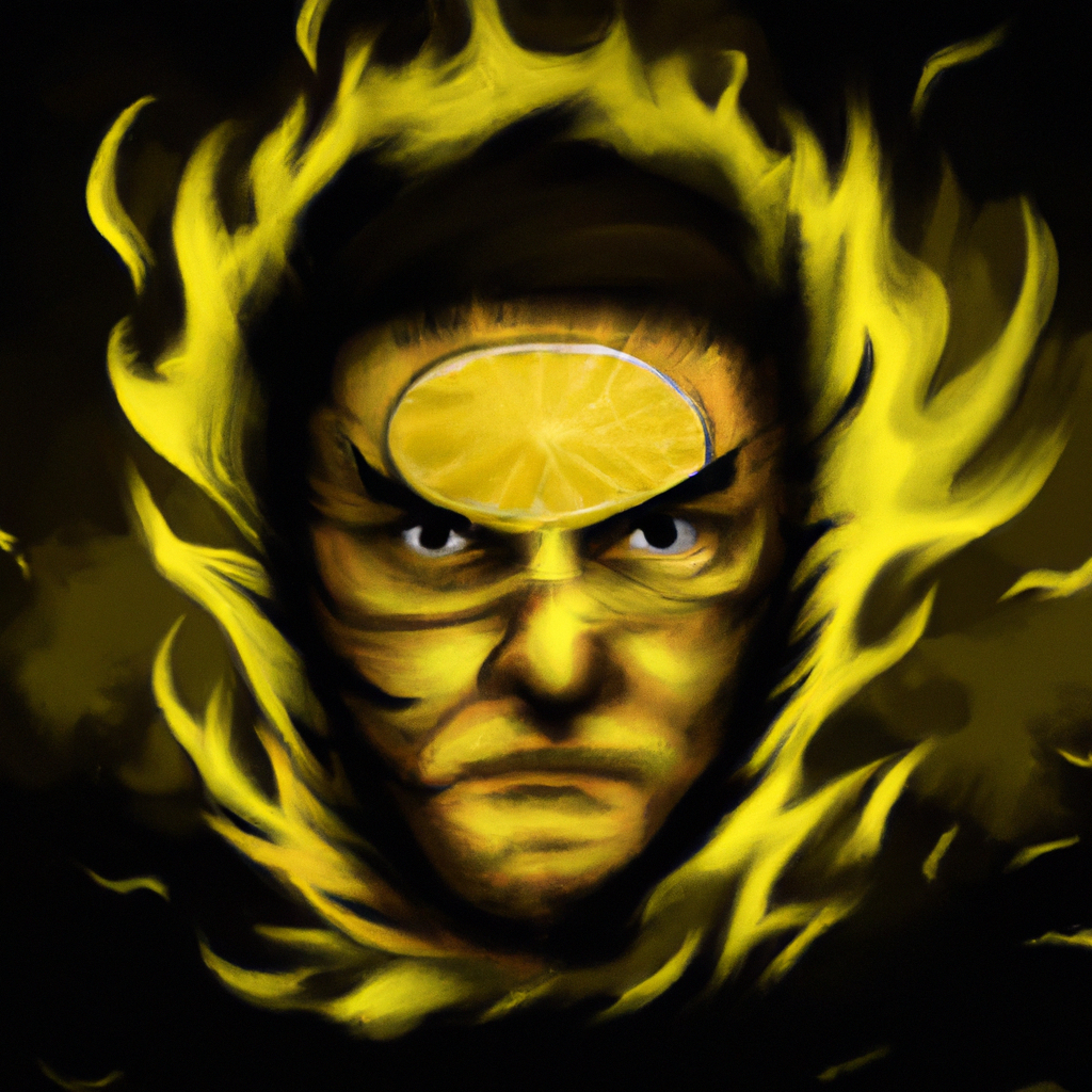 A man on fire with a lemon mask, sinister, detailed... | OpenArt