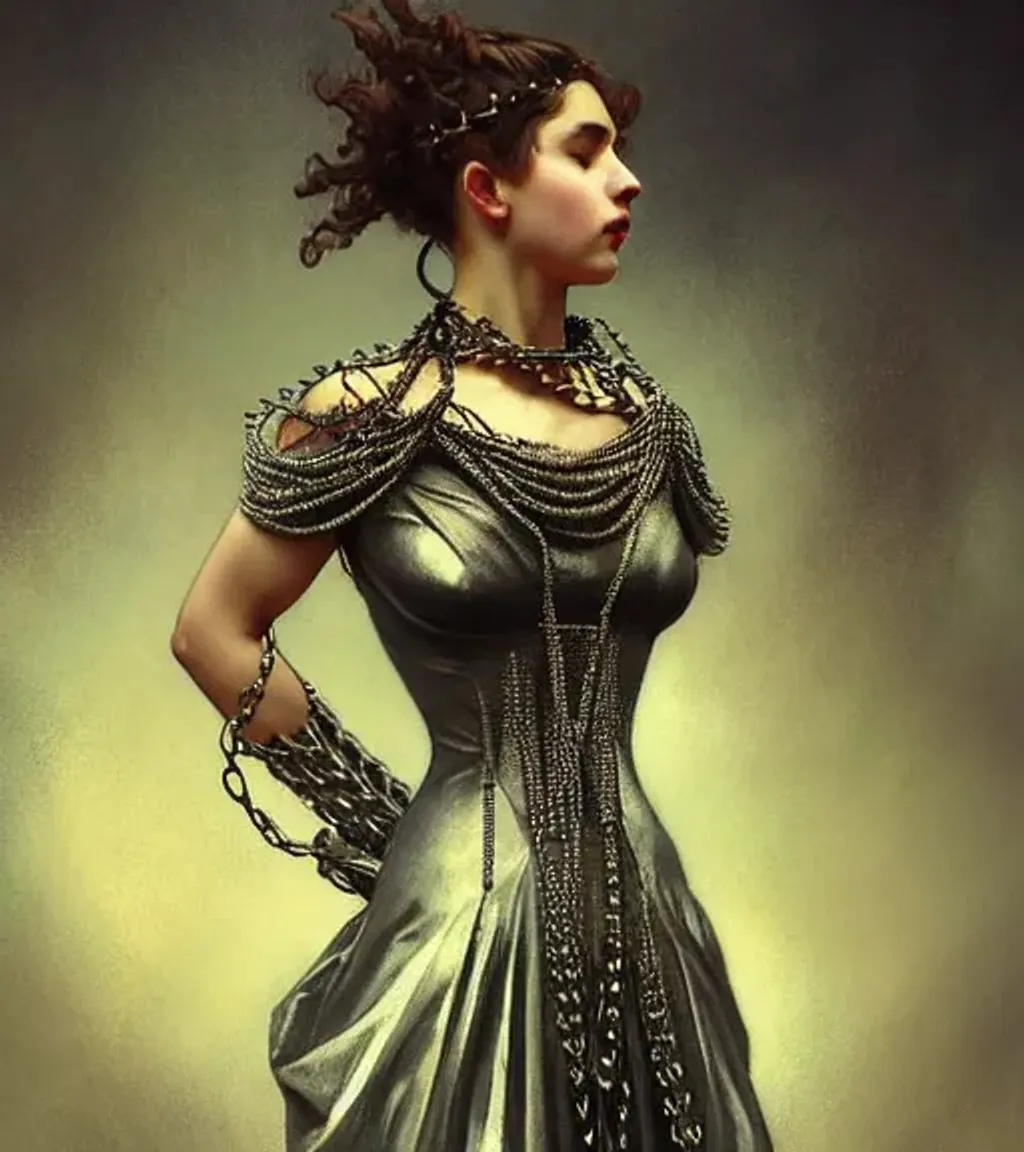 victorian dress made out of tight spiked chains. bou... | OpenArt
