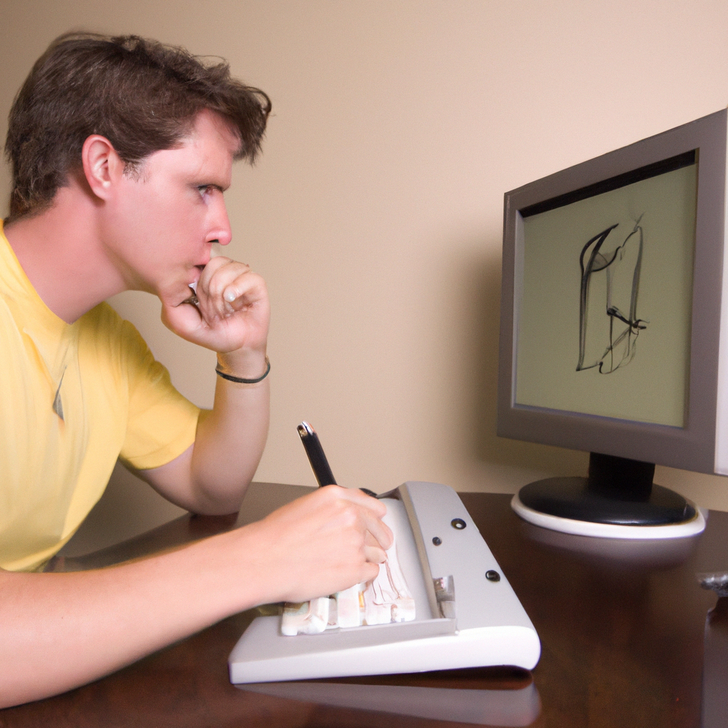 A man at his computer thinking about what to draw on... | OpenArt