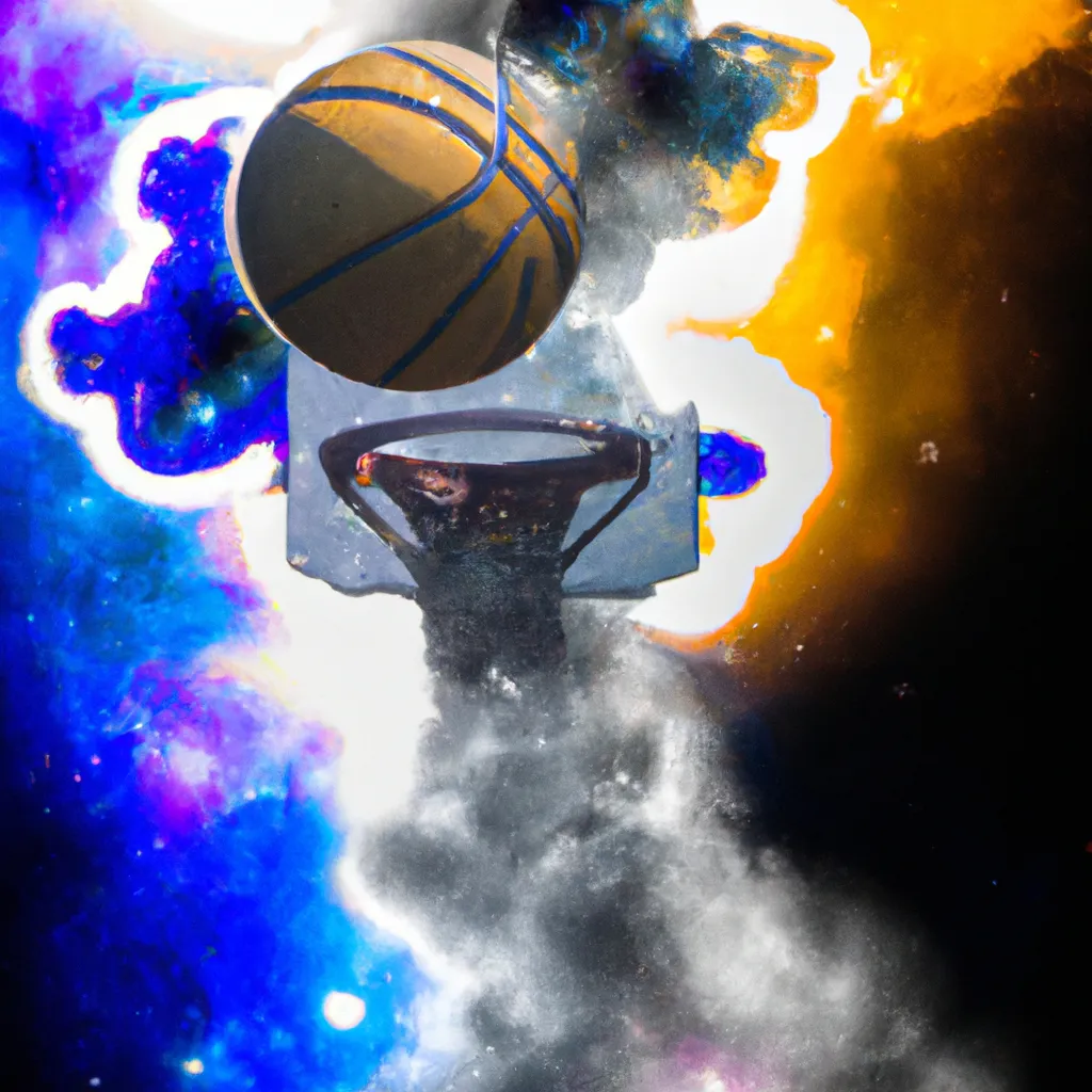 A basketball making a slam dunk in a nebula themed c...