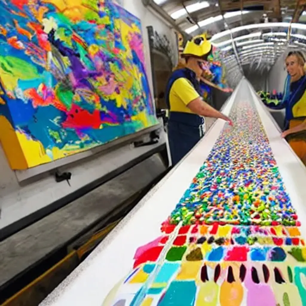 an art factory creating works of art on a conveyor belt | OpenArt